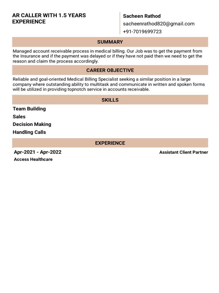 AR Caller Resume: 1.5 Years Experience | PDF | Finance & Money Management