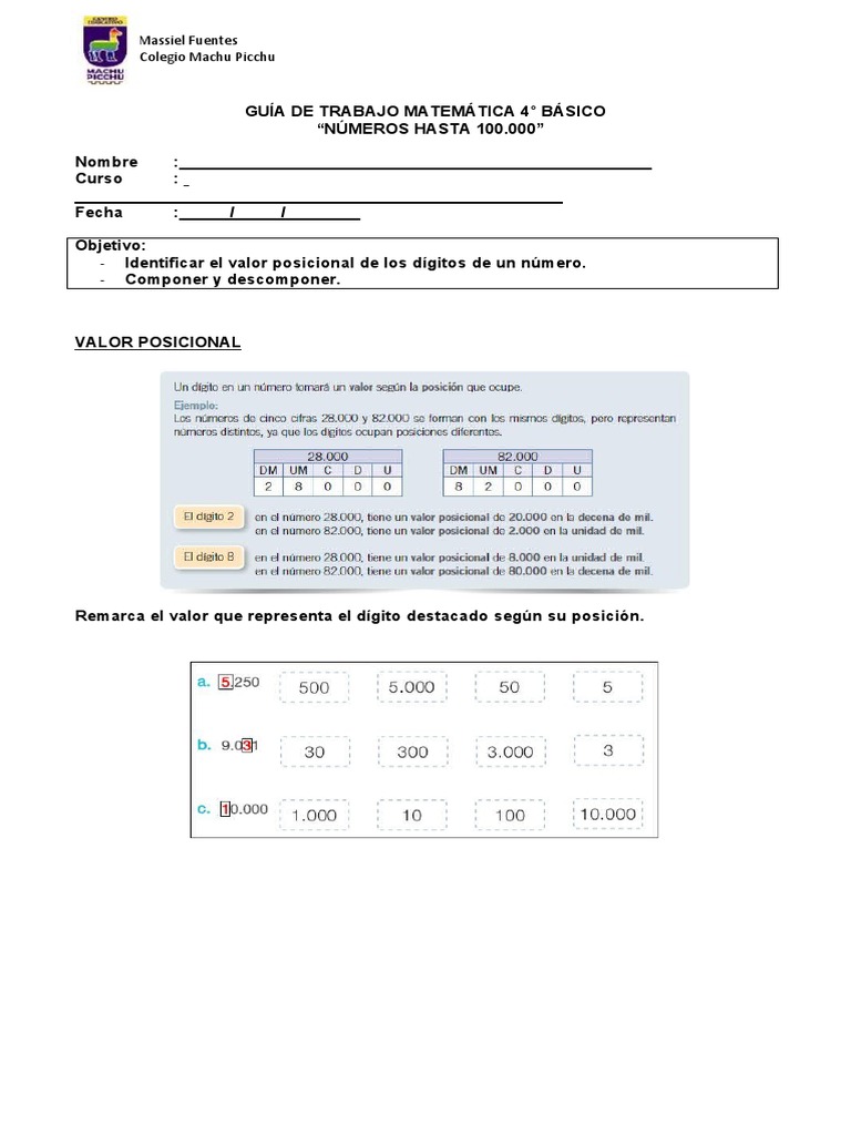 Valor Posicional Números 100,000 | PDF | Métodos y materiales de enseñanza