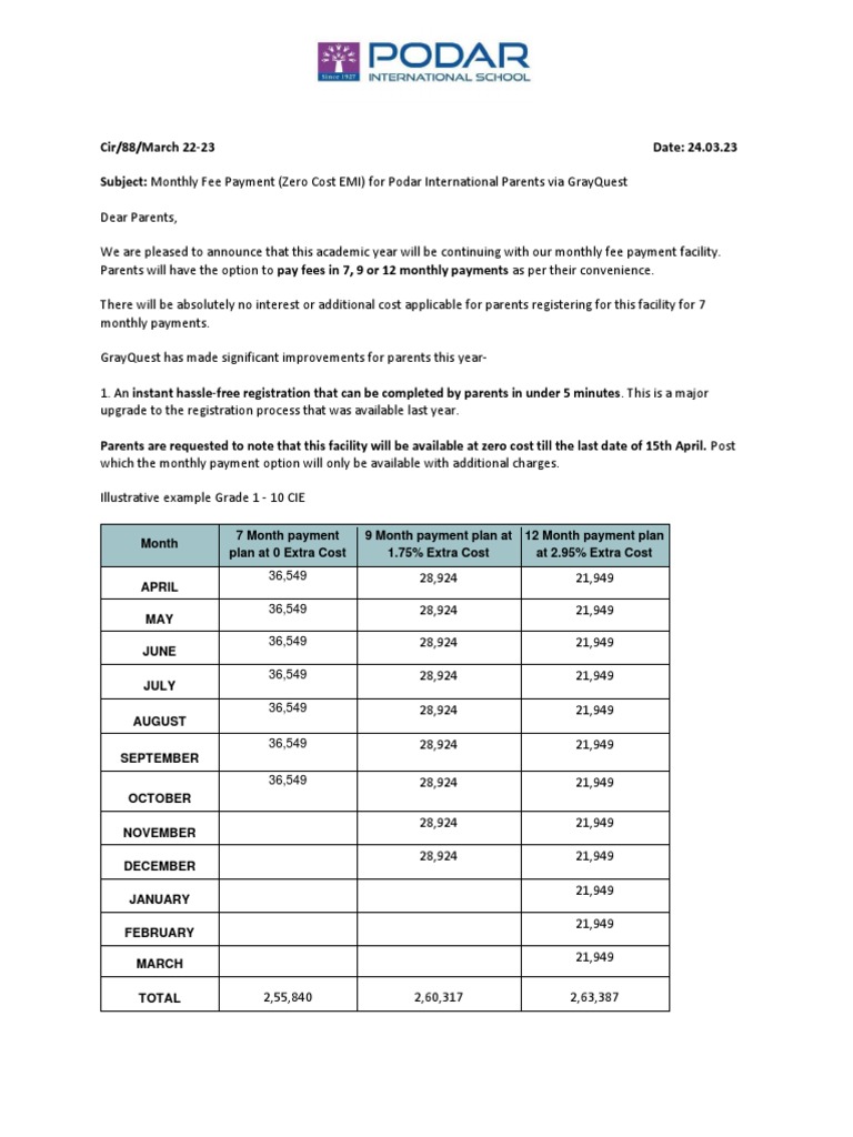 Podar Powai CIE Circular - AY 23-24 Grade 1 - 10 | PDF | Fee | Business