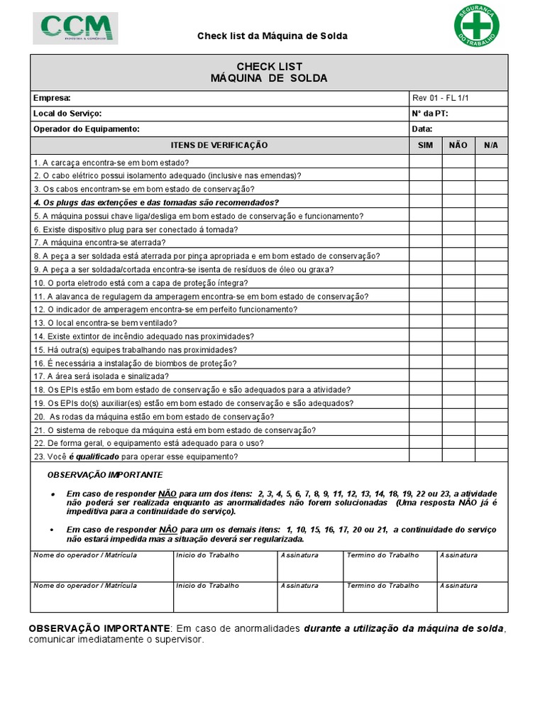 Check List - Maquina de Solda | PDF Check List - Maquina de Solda | PDF