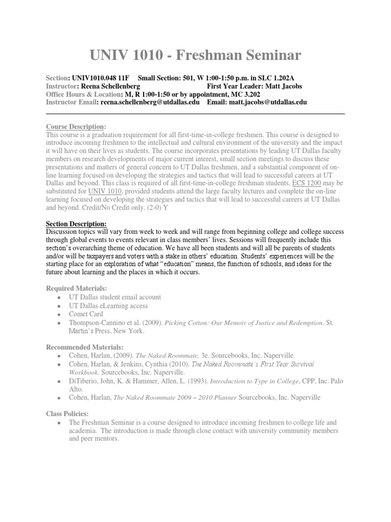 UT Dallas Syllabus For Univ1010.048.11f Taught by Reena Schellenberg ...