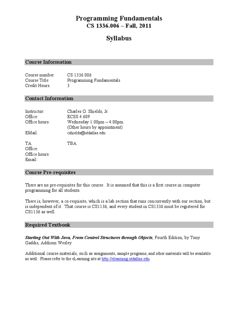 CS 1336 Programming Fundamentals Syllabus | PDF | Academic Dishonesty | Plagiarism