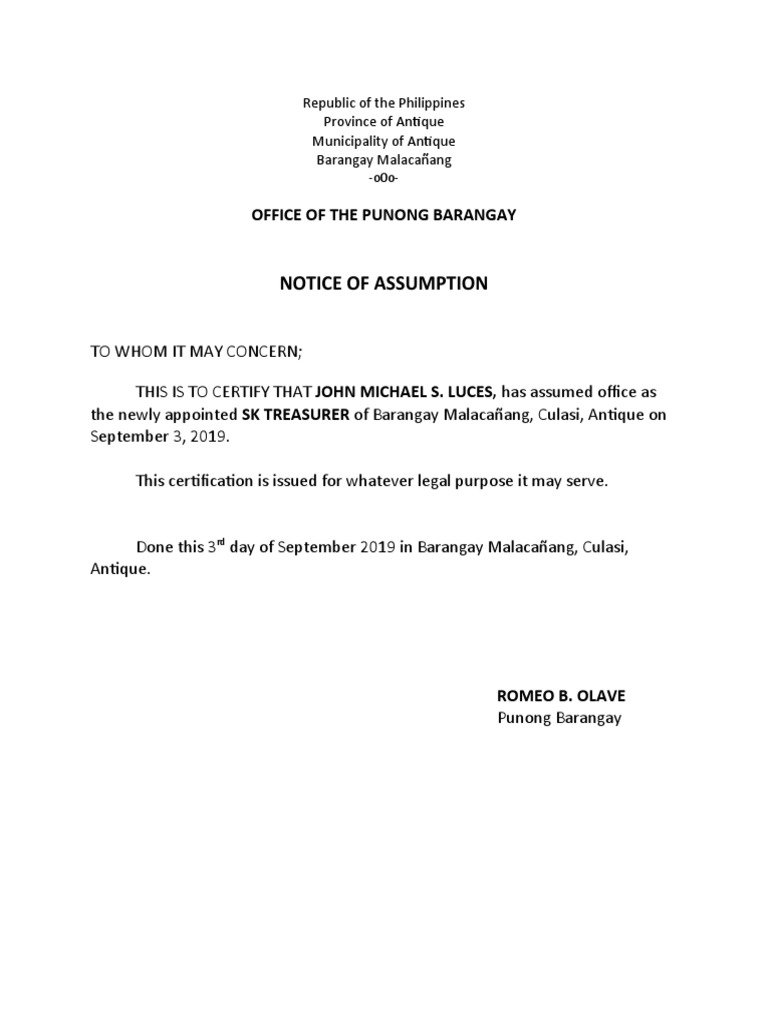 Notice of Assumption of Office 2019 | PDF