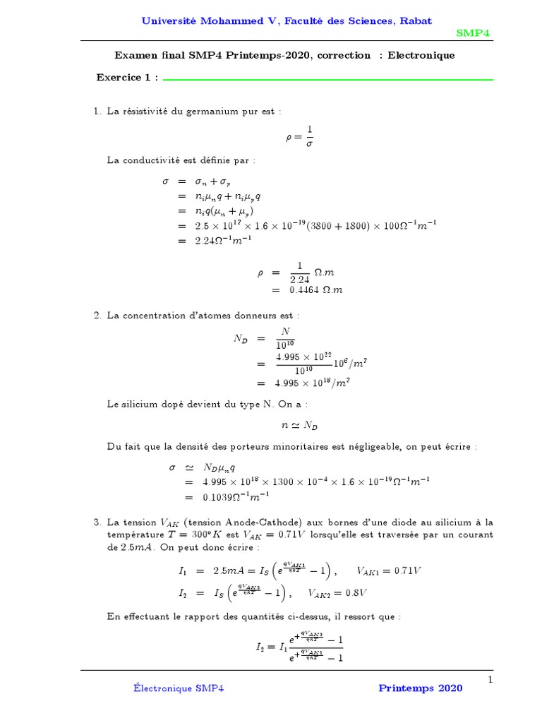 Examen Final Correction smp4 2019-2020 Electronique | PDF | Diode | Dopage (semi-conducteur)