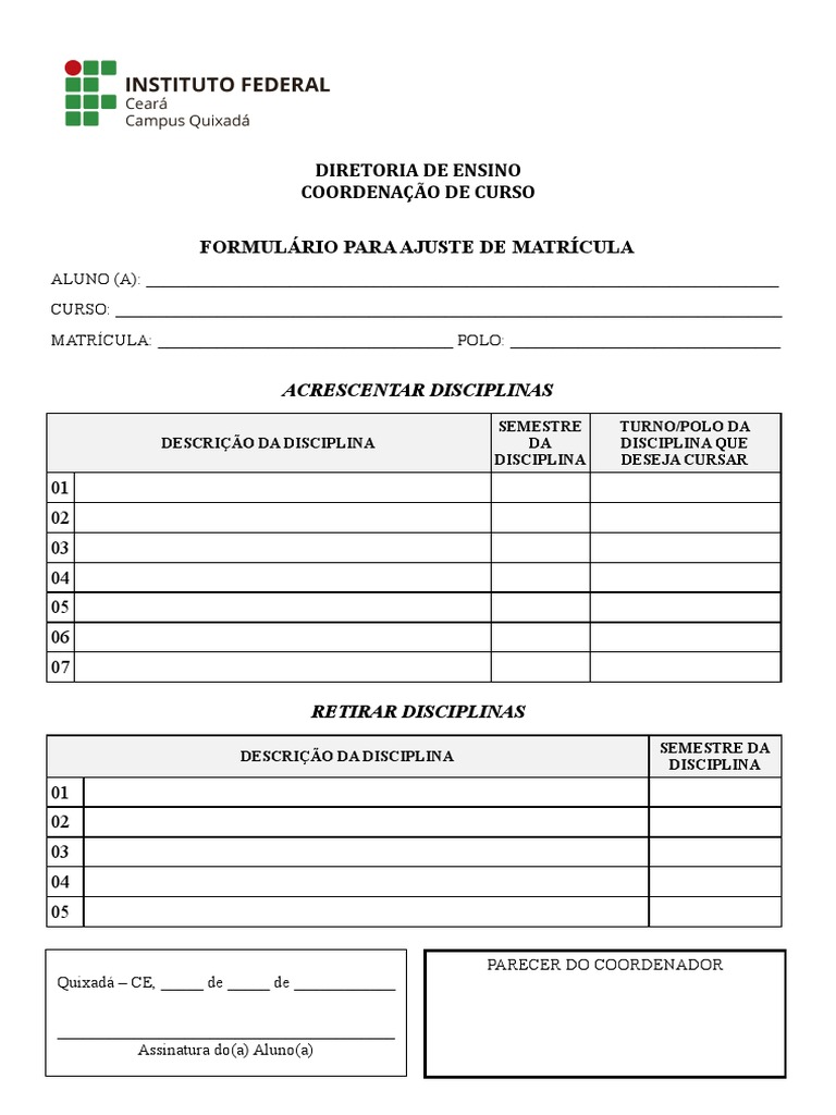 FORMULÁRIO DE AJUSTE DE MATRÍCULA | PDF