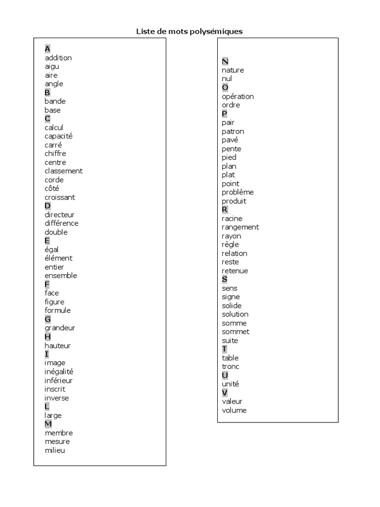 Liste de Mots Polysémiques A N O P | PDF