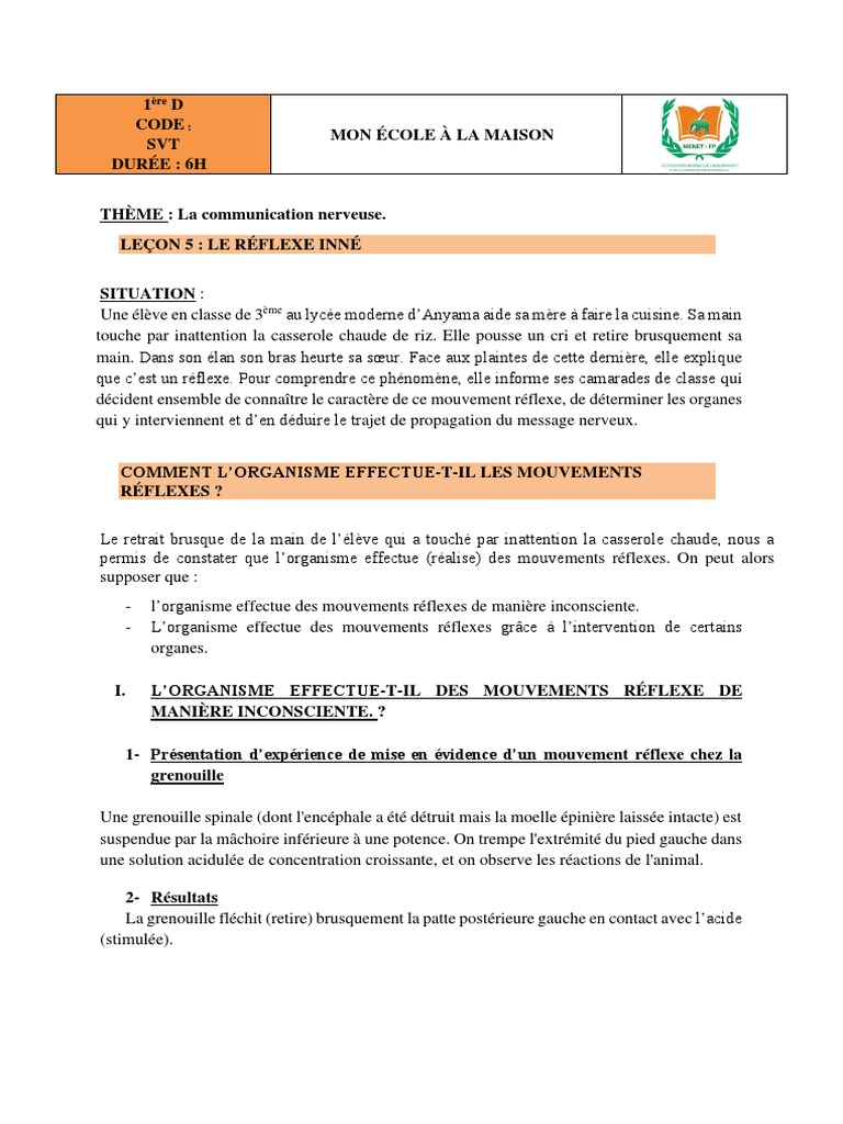 Comprendre le réflexe inné en SVT | PDF | Nerf | Système nerveux