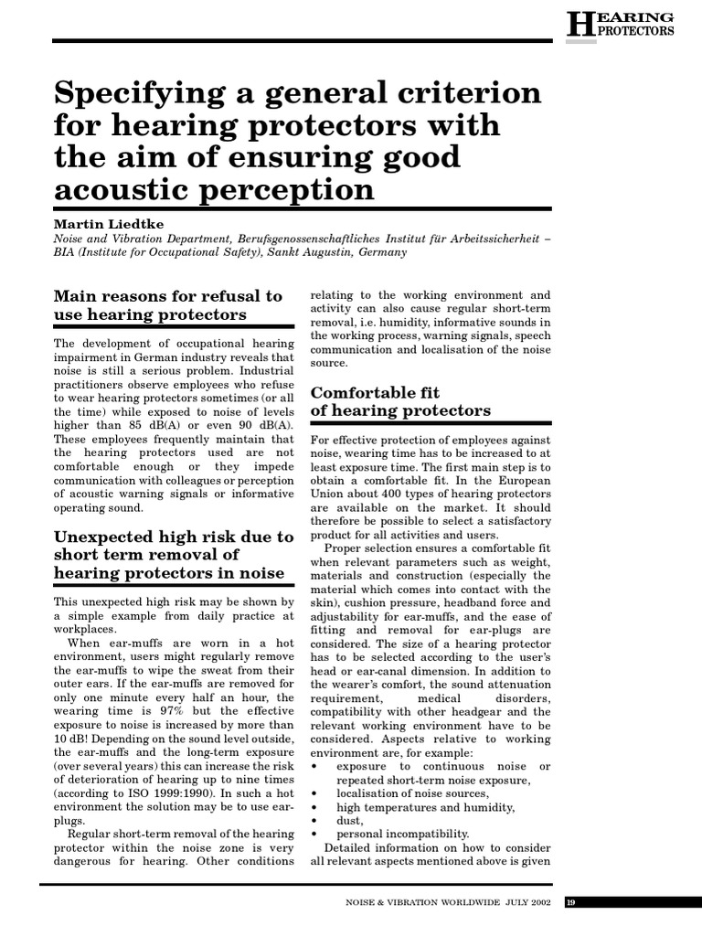 Specifying A General Criterion For Hearing Protectors With The Aim of Ensuring Good Acoustic ...