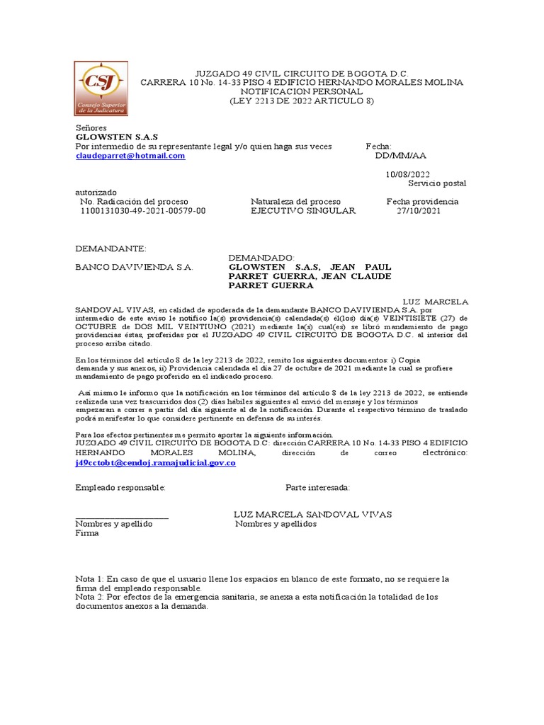 Notificacion Ley 2213 | PDF