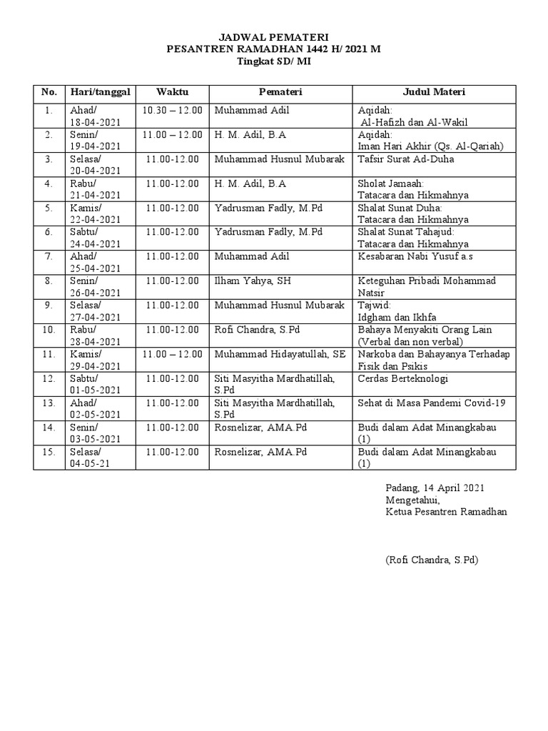 Jadwal Pemateri Pesantren Ramadhan 1442 H | PDF