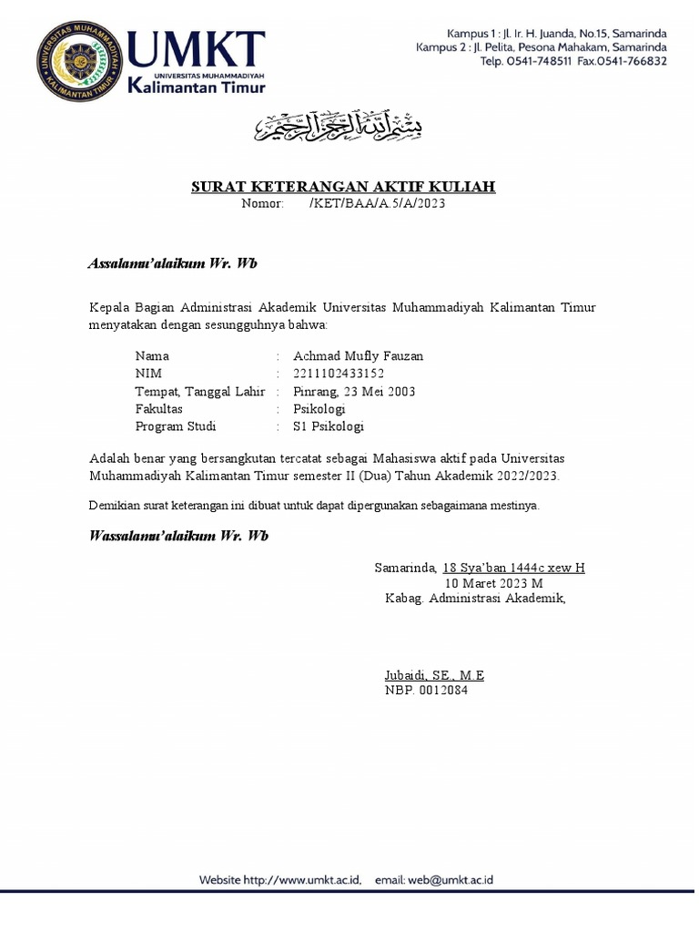 Surat Aktif Kuliah (Print) | PDF