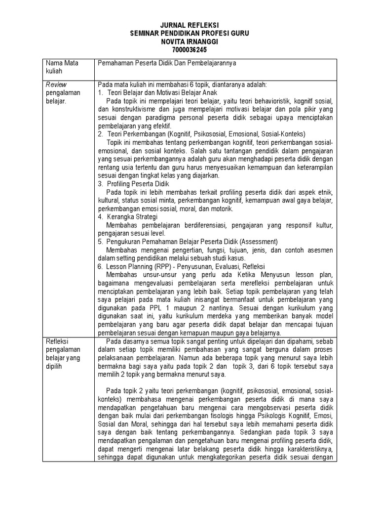 Refleksi Pembelajaran Mata Kuliah PPDP | PDF