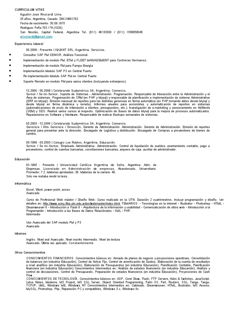CV Agustin Ricciardi | PDF | Sap Se | Mi sql