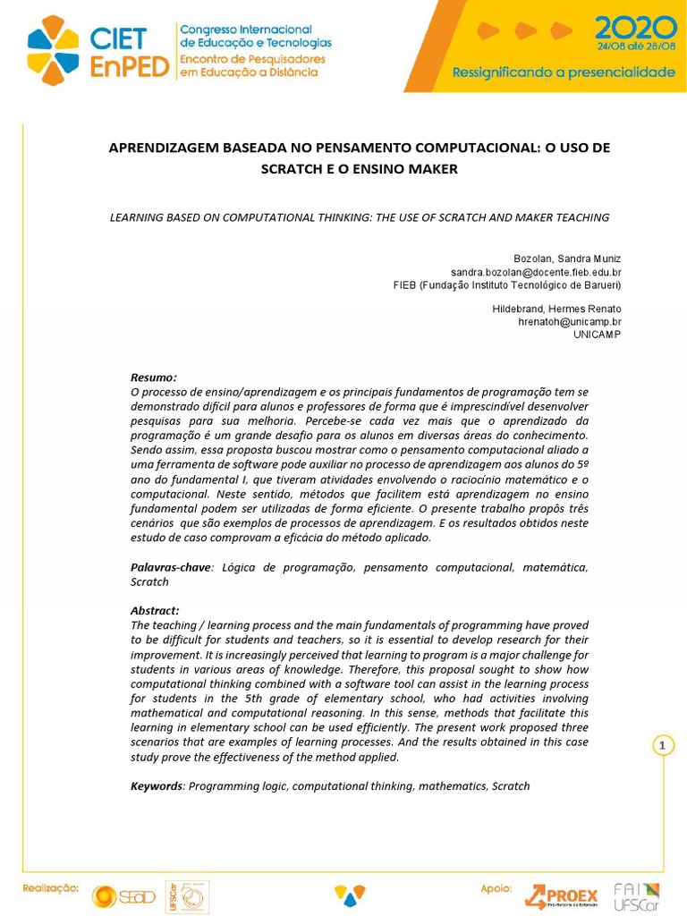 Aprendizagem Baseada No Pensamento Computacional: O Uso de Scratch E O Ensino Maker | PDF ...
