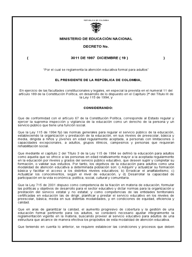 Decreto 3011 de 1997 | PDF | Educación primaria | Adultos