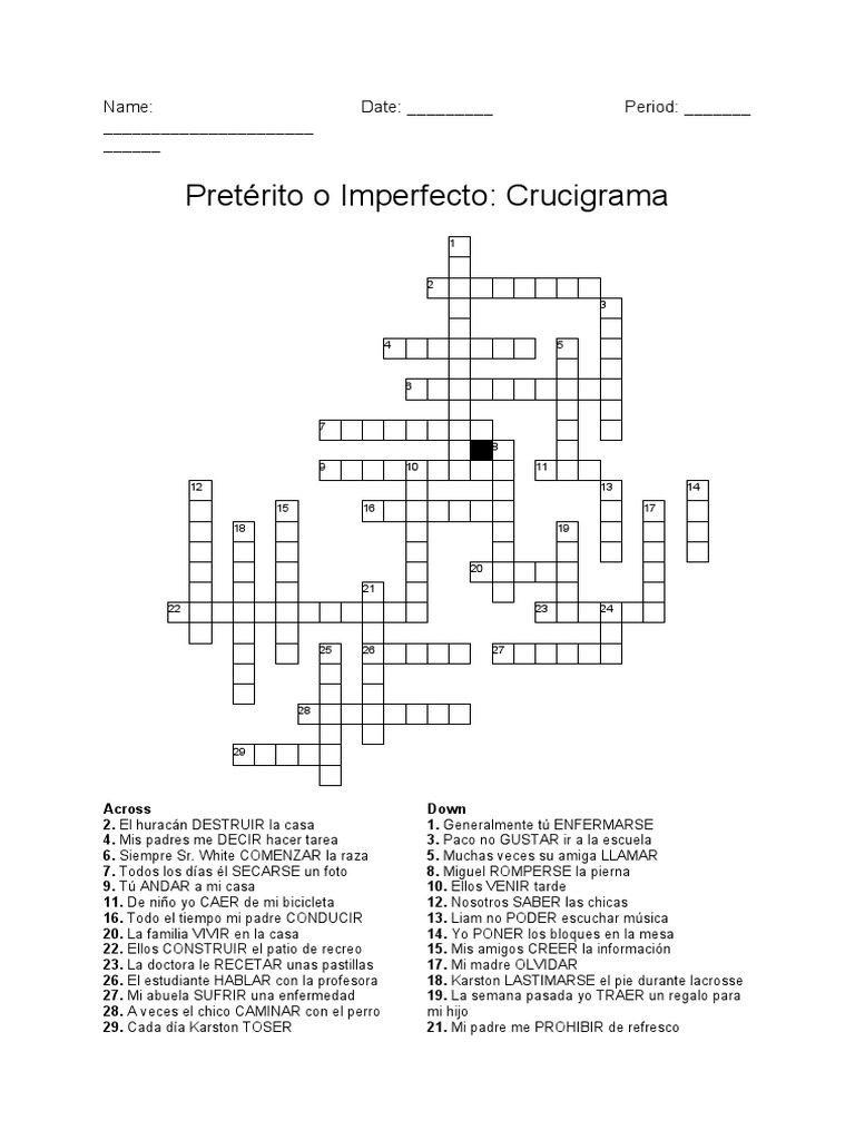 Crucigrama: Pretérito e Imperfecto | PDF
