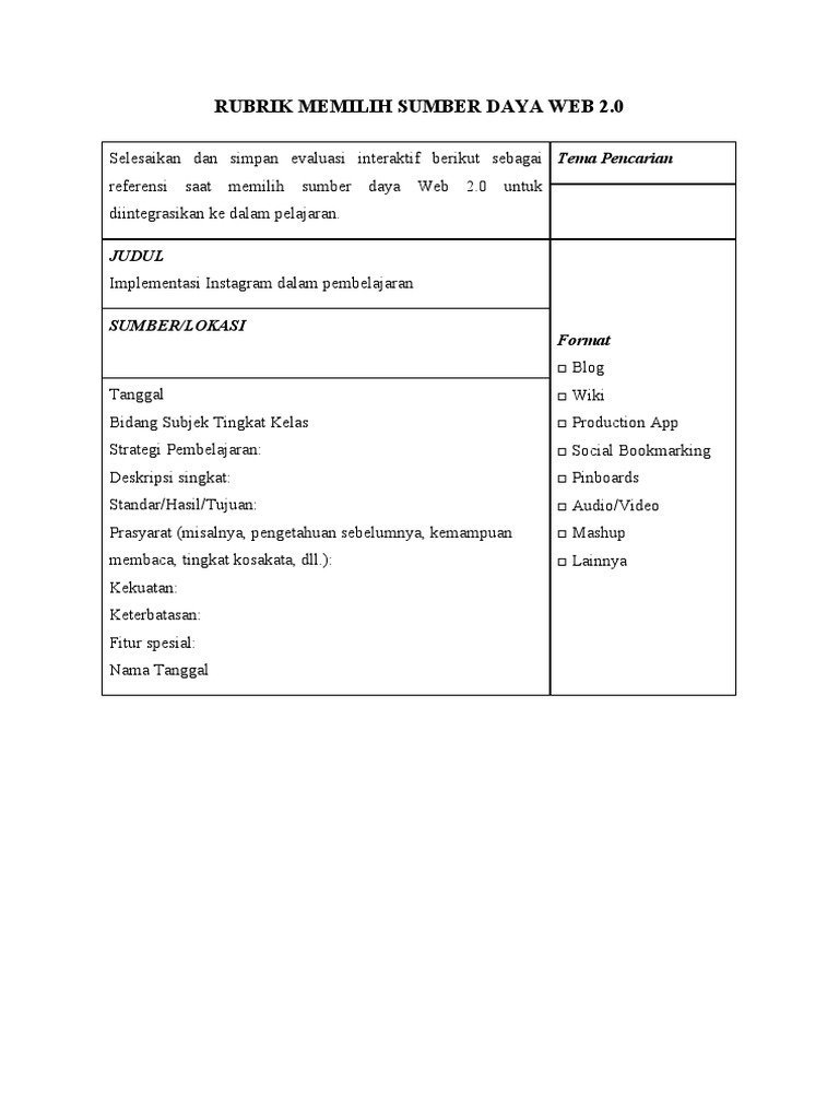 Rubrik Memilih Sumber Daya Web 2 | PDF