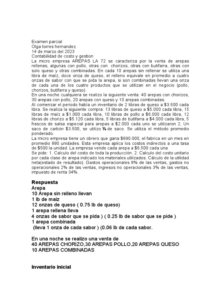 Costos y Utilidad de Arepas LA 72 | PDF | Libra (masa) | Cocina de las ...