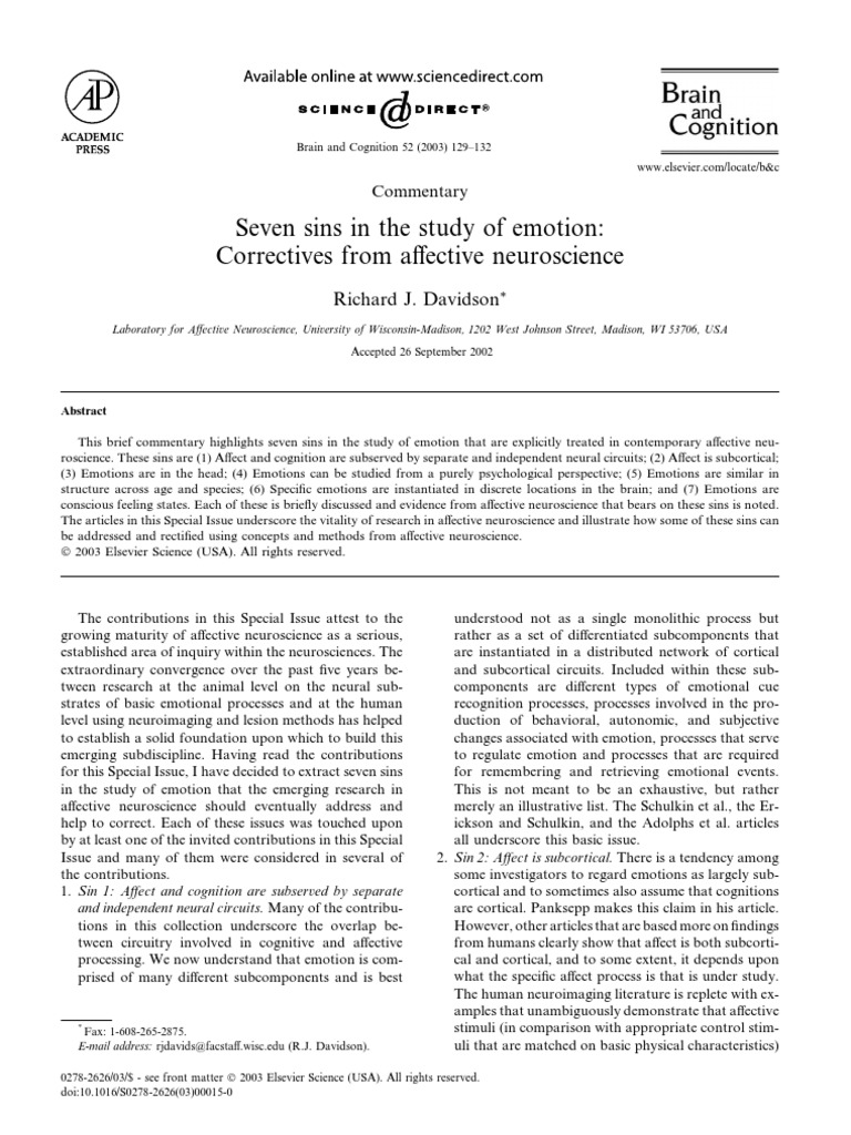 Davidson Seven Brain and Cognition | PDF | Emotions | Affect (Psychology)