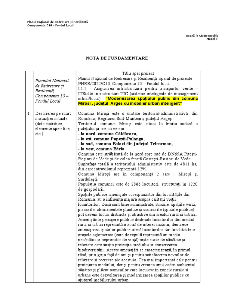 Anexa 1 - Nota de Fundamentare Mobilier Urban | PDF