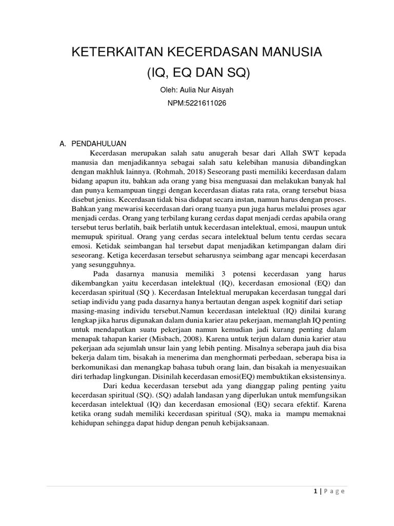 Essay Kecerdasan IQ, EQ Dan SQ | PDF Essay Kecerdasan IQ, EQ Dan SQ | PDF