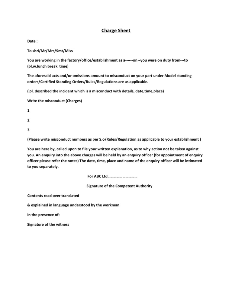 Employee Misconduct Charge Sheet Template | PDF | Law