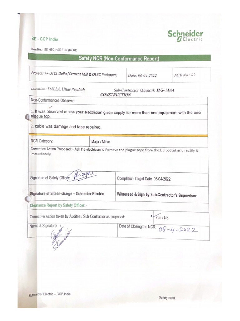 Safety Ncr Non Conformance Report Pdf