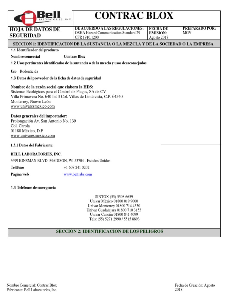 2019 Hoja de Seguridad CONTRAC BLOX | PDF | Agua | Residuos