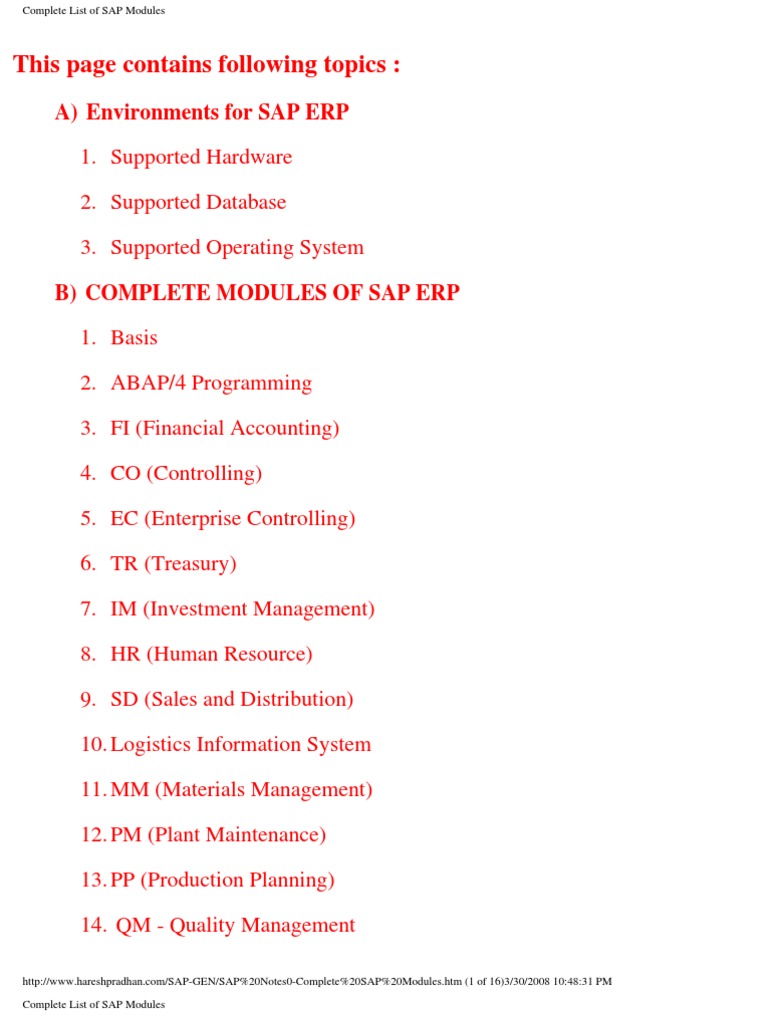 Complete List of SAP Modules | PDF | Information Technology | Software