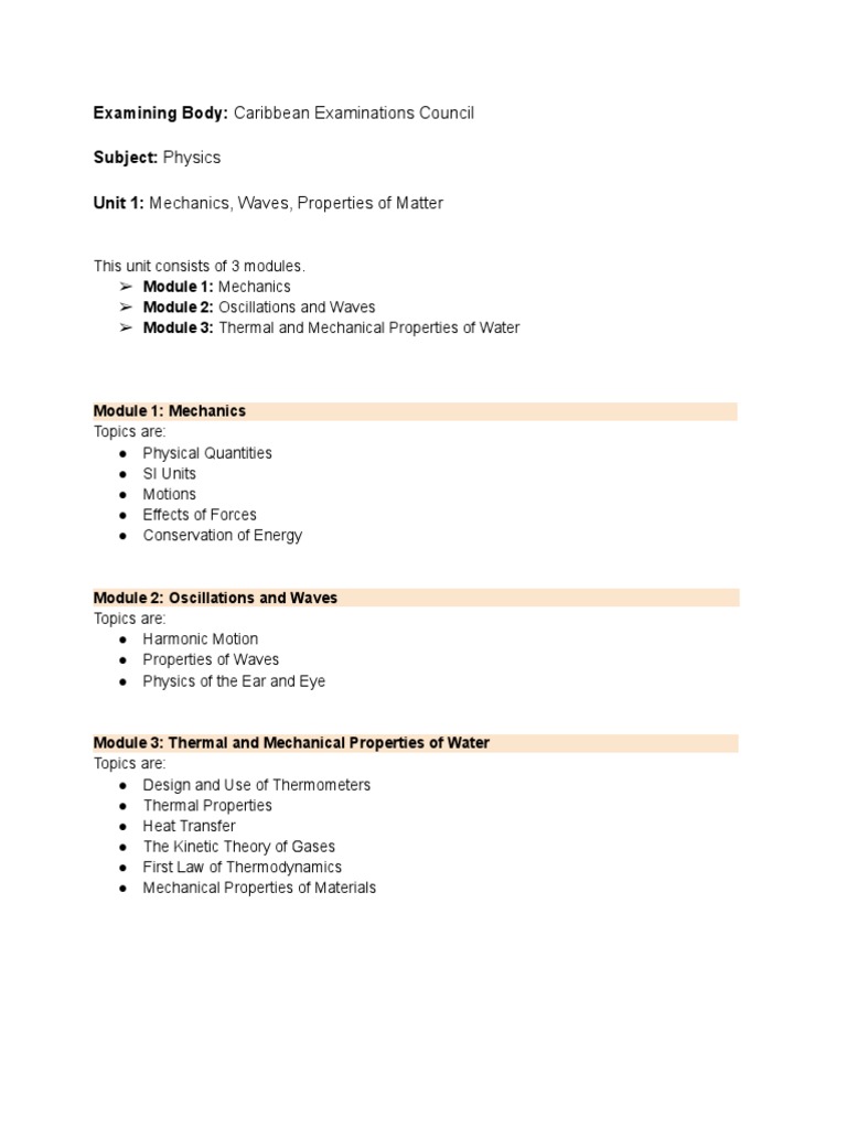 CAPE Physics U1 - Breakdown of Syllabus | PDF | Heat | Waves