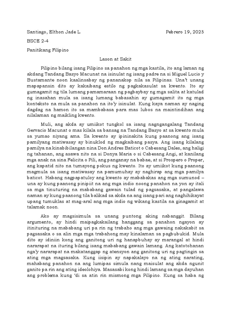 Pagsusuri Sa Tandang Basyo Macunat - Santiago, Elthon Jade L - BSCE 2-4 | PDF