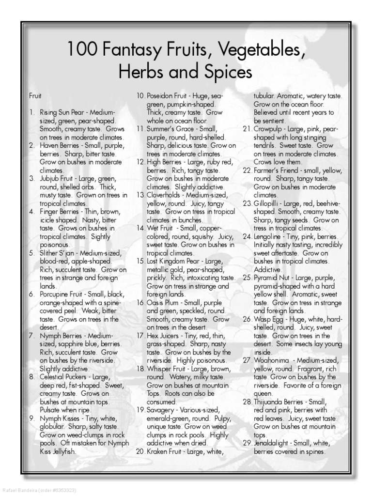 100 Fantasy Fruits Vegetables Herbs and Spices | PDF | Taste | Fruit