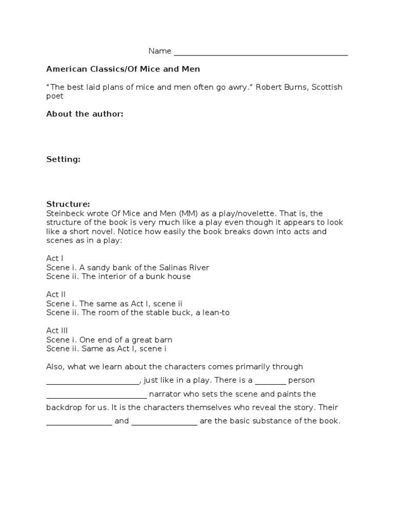 Of Mice and Men Study Guide Overview | PDF