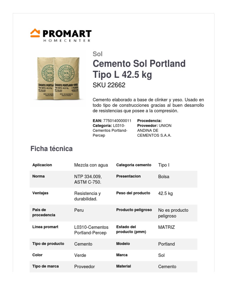 Cemento Sol Portland Tipo L 42.5 KG: Ficha Técnica | PDF | Cemento | Materiales