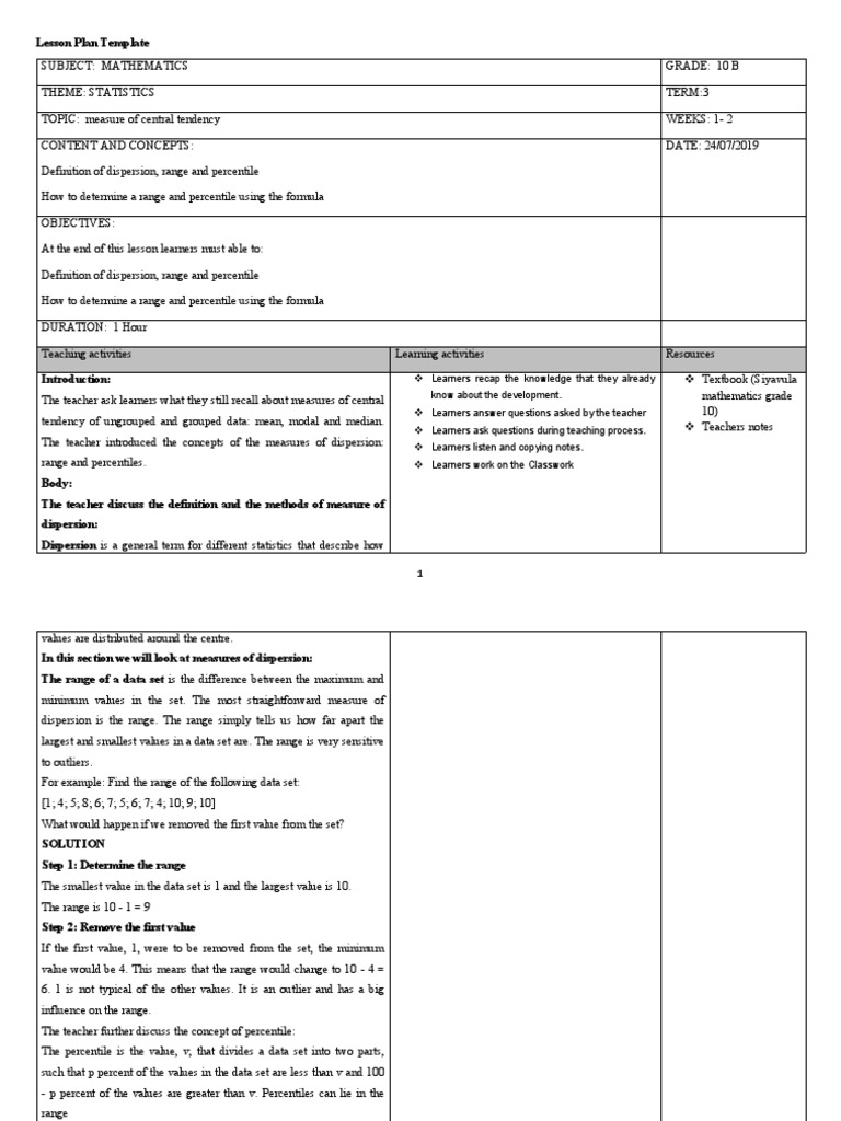 Lesson Plan Template For Mat 3 | PDF | Percentile | Data