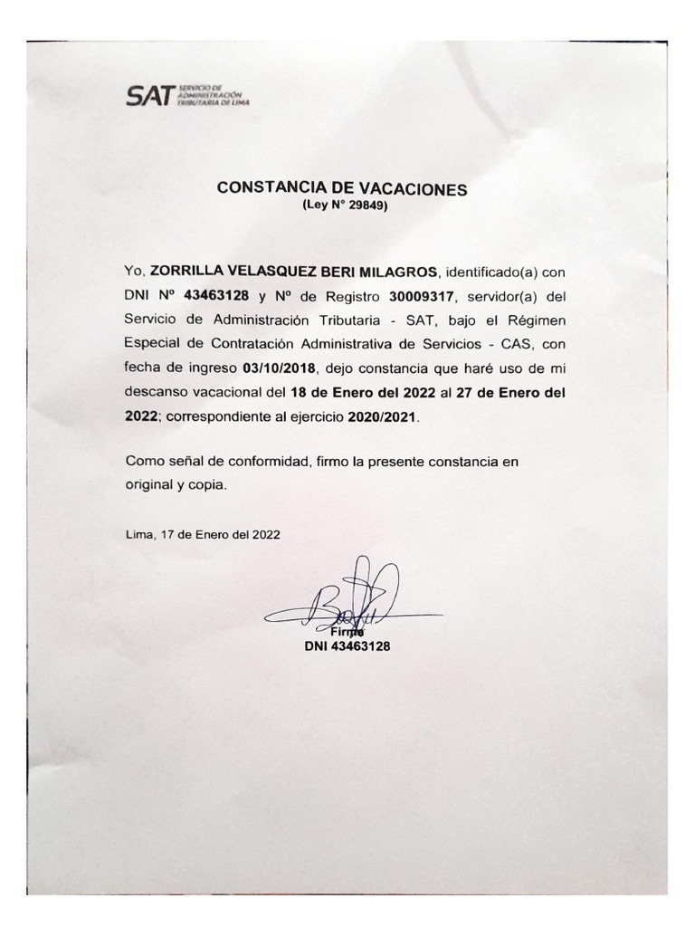 Constancia de Vacaciones | PDF