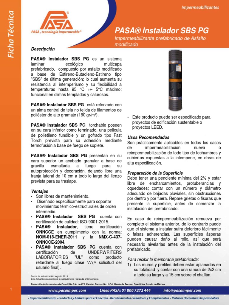 PASA Instalador SBS PG 200819 | PDF | Agua | Aislamiento térmico