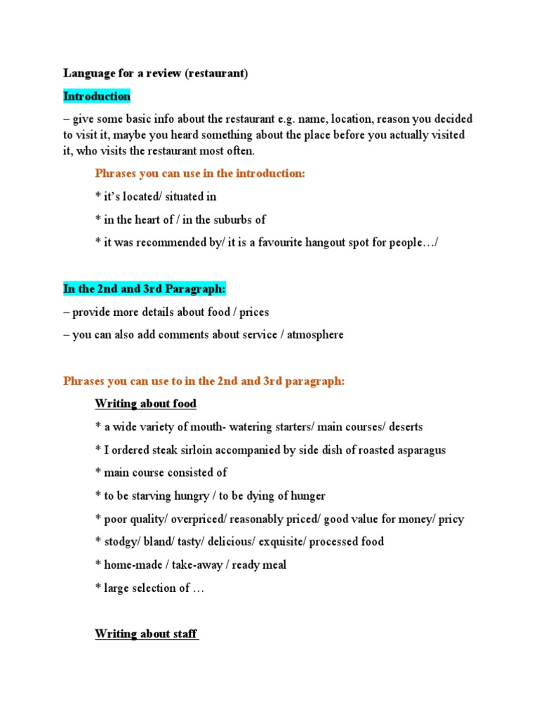 Restaurant Review Writing Guide | PDF | Cooking, Food & Wine