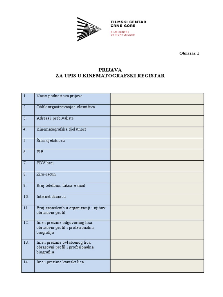 Obrazac Prijave - Upis U Kinematografski Registar | PDF