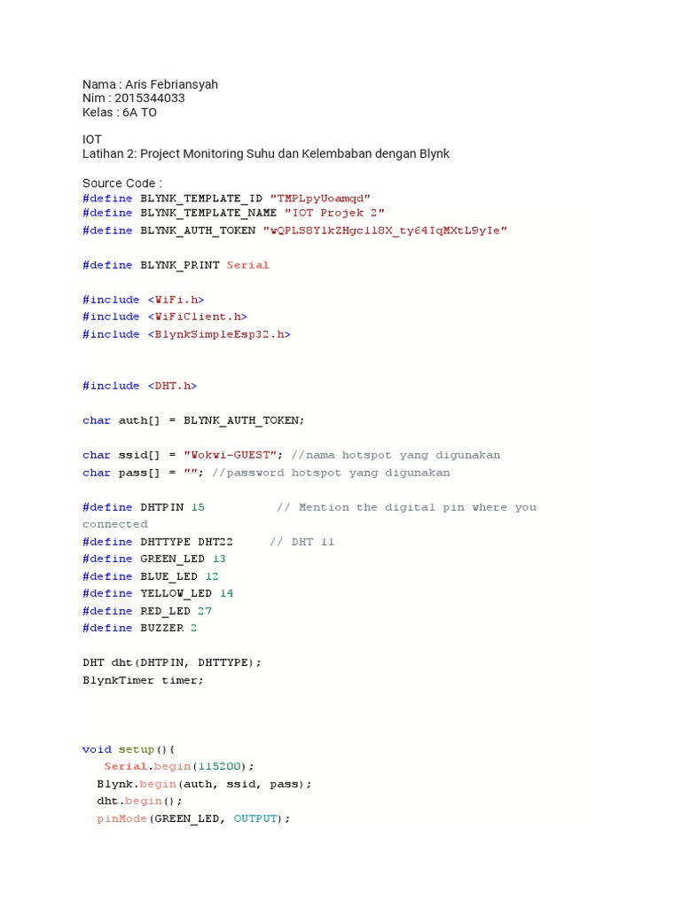 Source Code Project Monitoring Suhu Dan Kelembaban Dengan Blynk | PDF | Visual Cortex ...