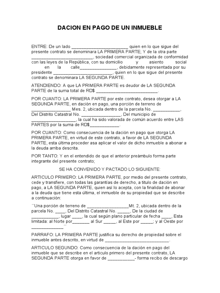 Contrato de dación en pago de un inmueble para saldar una deuda | PDF ...