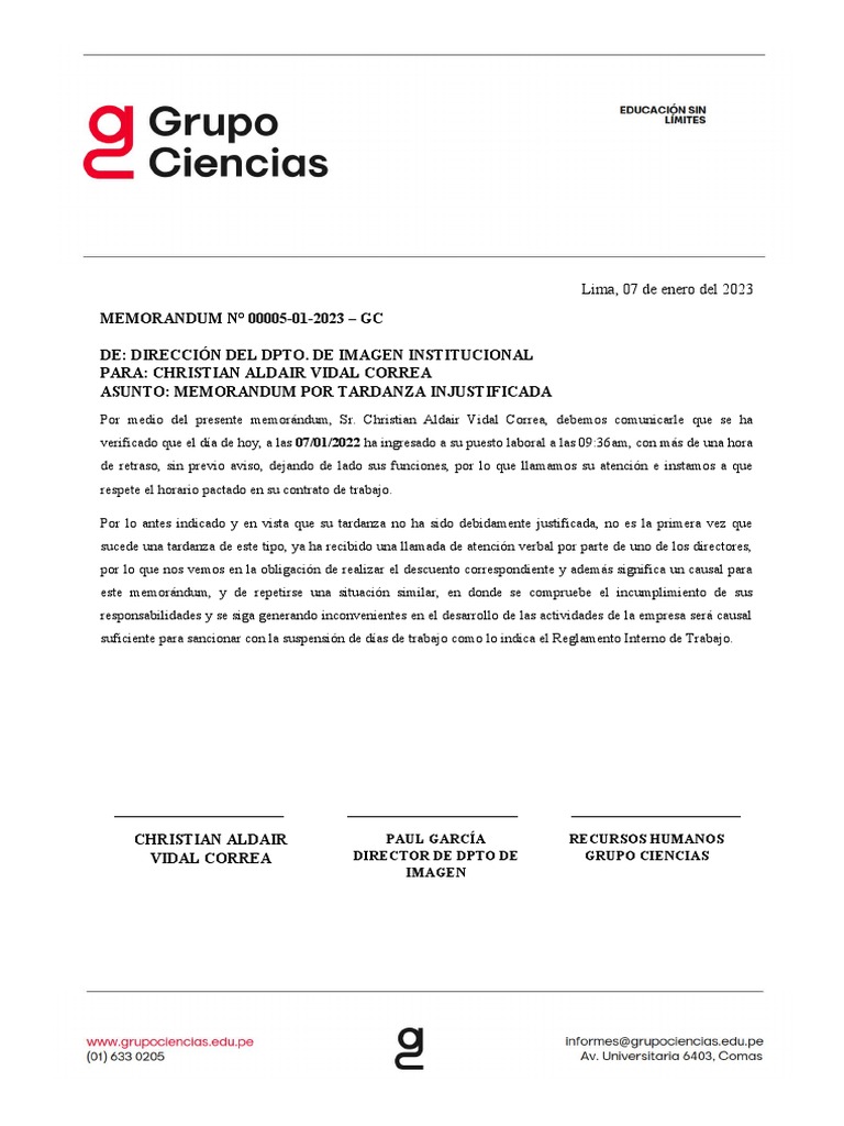 Memo Por Tardanza Más de Una Hora Injustificada Ii | PDF