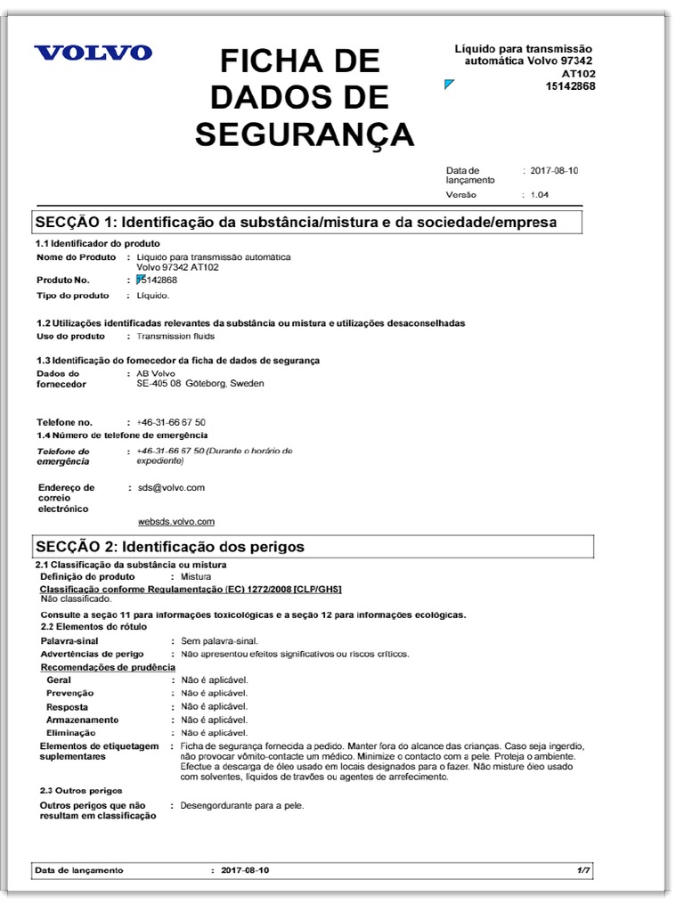 FISPQ - Volvo 97342 AT 102 | PDF