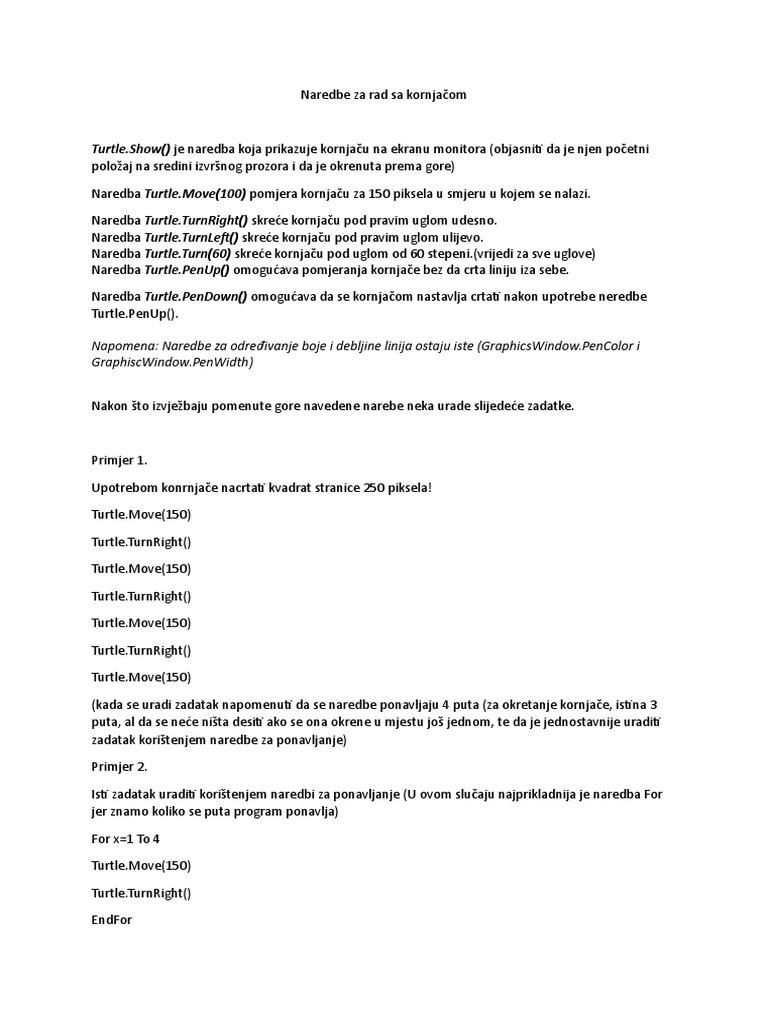 Naredbe za rad sa kornjačom | PDF