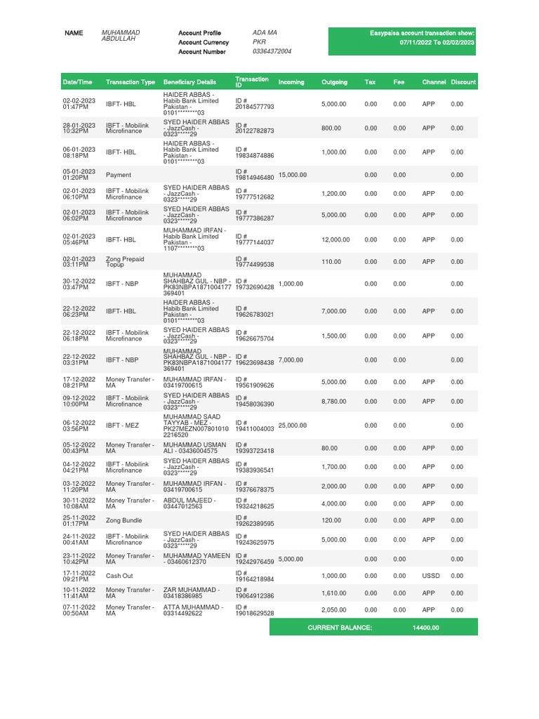 Easypaisa Account Transaction Show: 07/11/2022 To 02/02/2023 | PDF ...