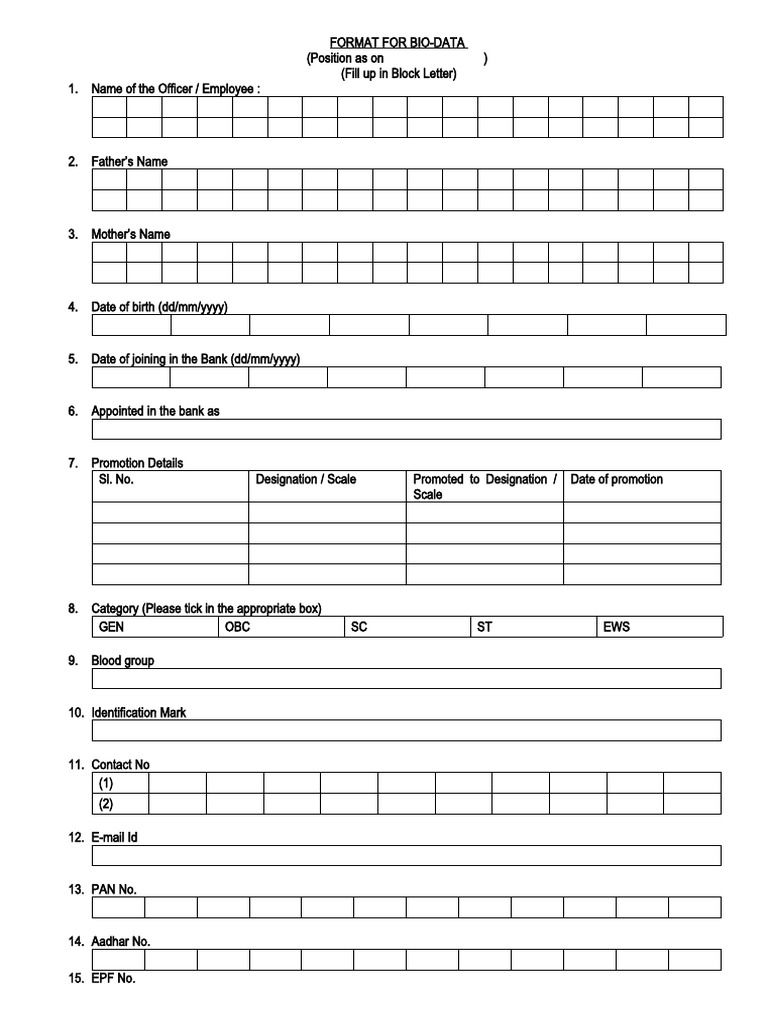 Bank Employee Bio-Data Format | PDF | Banks | Human Resource Management