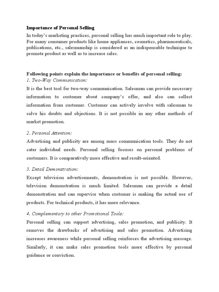 Importance of Personal Selling - QUE 1 | PDF | Sales | Advertising Importance of Personal Selling - QUE 1 | PDF | Sales | Advertising
