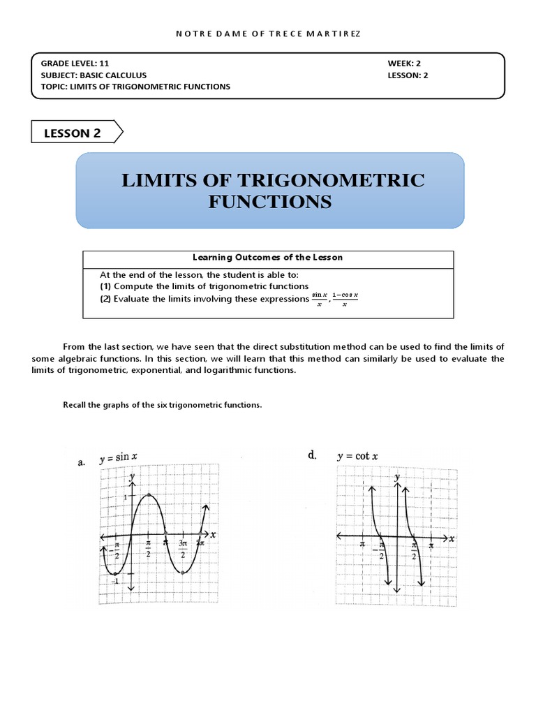 Lesson 2 Limit of Trigonometric Functions | PDF | Trigonometric ...