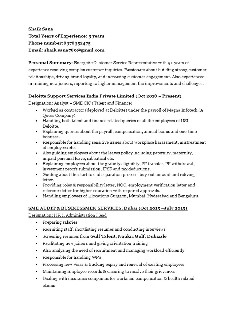 Shaik Sana Resume - HR | PDF | Employment | Payroll