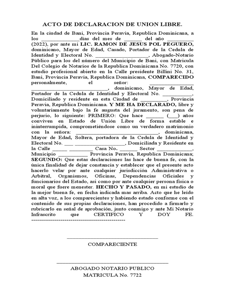 Acto de Declaracion de Union Libre | PDF